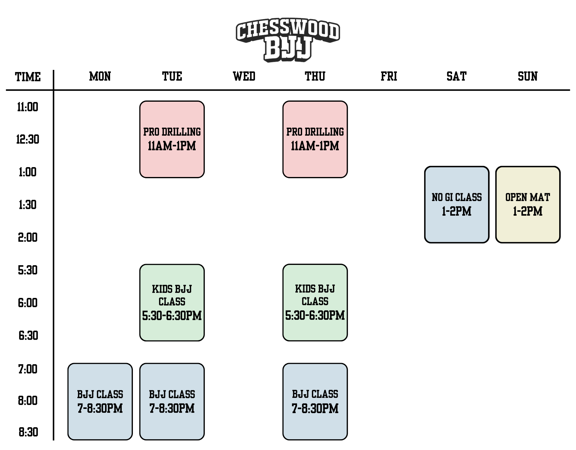 Class Schedule – Chesswood Brazilian Jiu-Jitsu